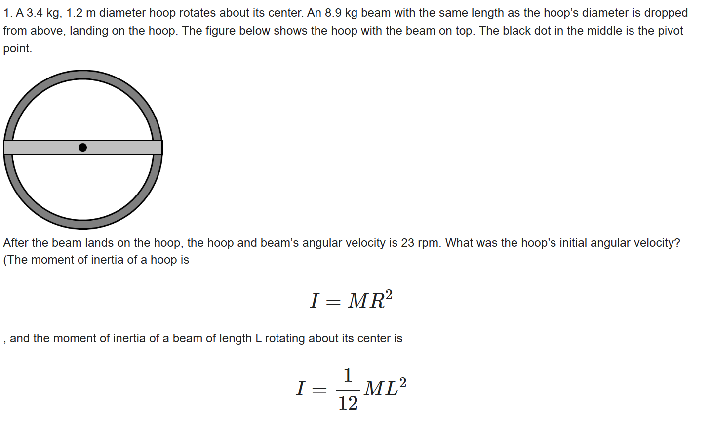 Solved After the beam lands on the hoop, the hoop and beam's | Chegg.com