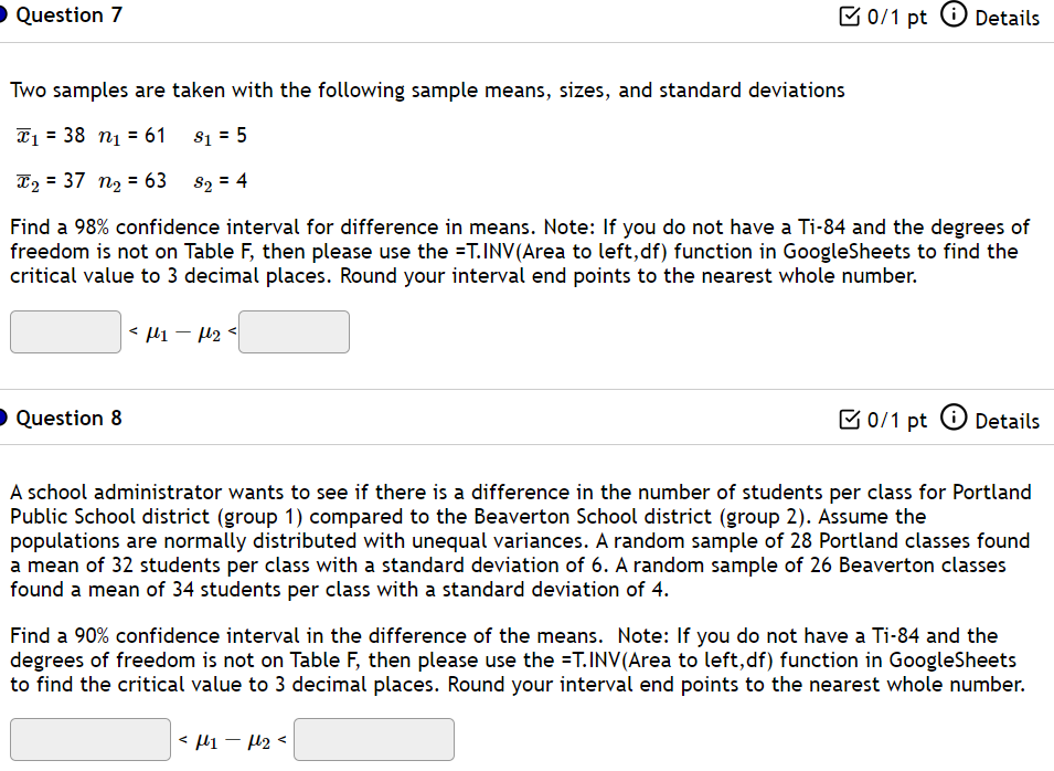 Solved Question 7Two samples are taken with the following | Chegg.com