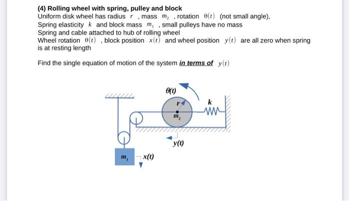 Solved (4) Rolling wheel with spring, pulley and block | Chegg.com
