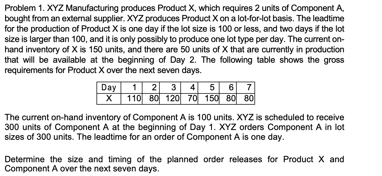 Solved Problem 1. ﻿XYZ Manufacturing produces Product x, | Chegg.com