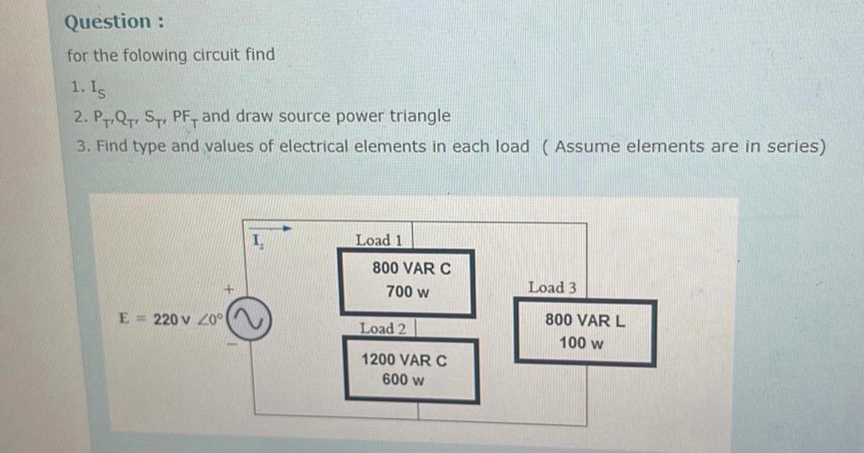 Solved Question :for the folowing circuit findIsPT,QT,ST,PFT | Chegg.com