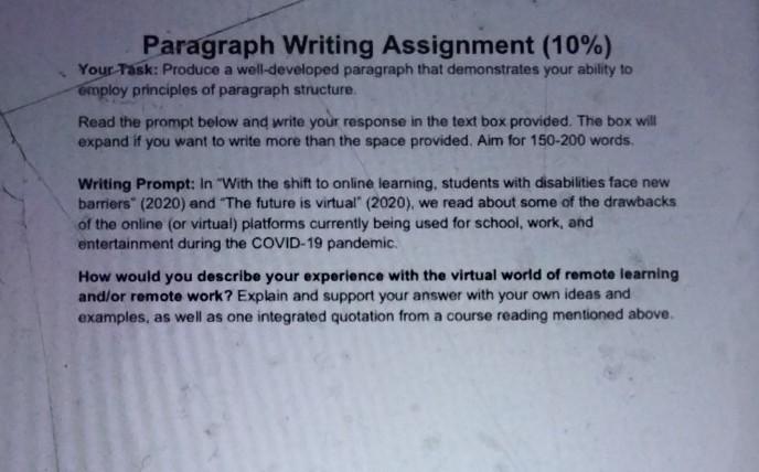Solved Paragraph Writing Assignment (10%) Your Task: Produce | Chegg.com