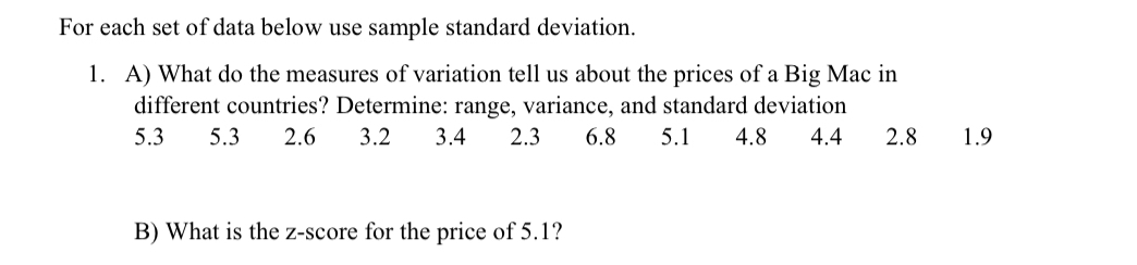 Solved For each set of data below use sample standard | Chegg.com