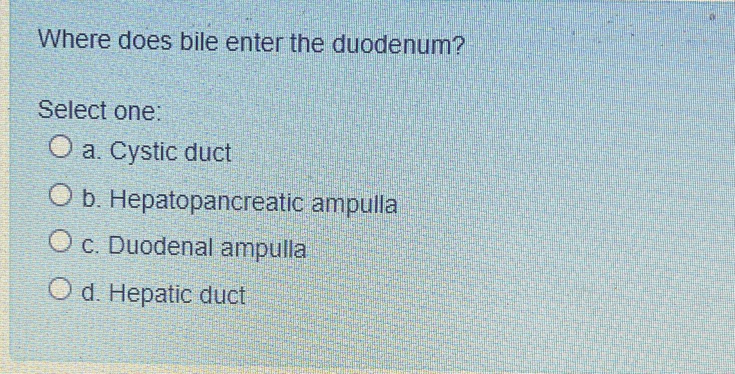 Solved Where does bile enter the duodenum?Select one:a. | Chegg.com