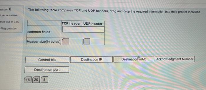Solved estion 8 The following table compares TCP and UDP | Chegg.com