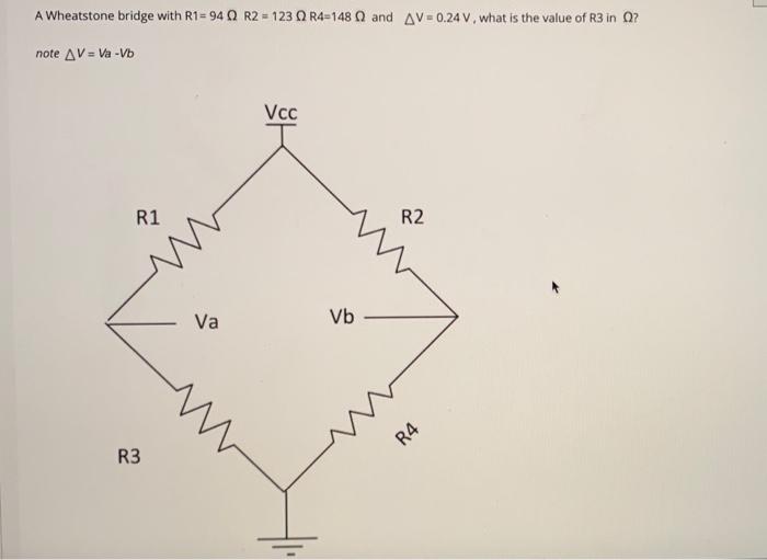 Solved A Wheatstone bridge with R1 = 94 Q R2 = 123 R4=148 Q | Chegg.com