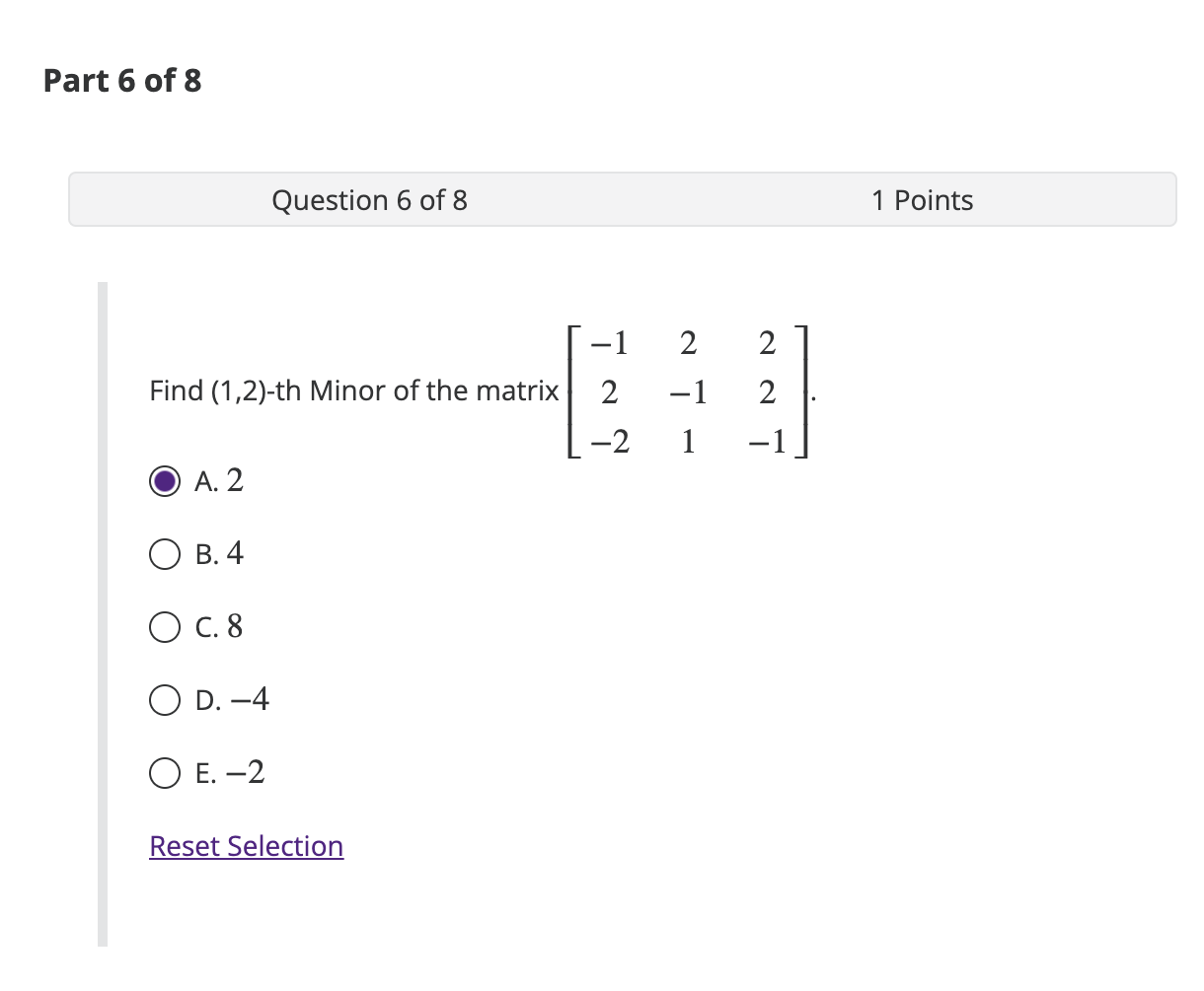 Solved Find (1,2)-th Minor of the matrix | Chegg.com