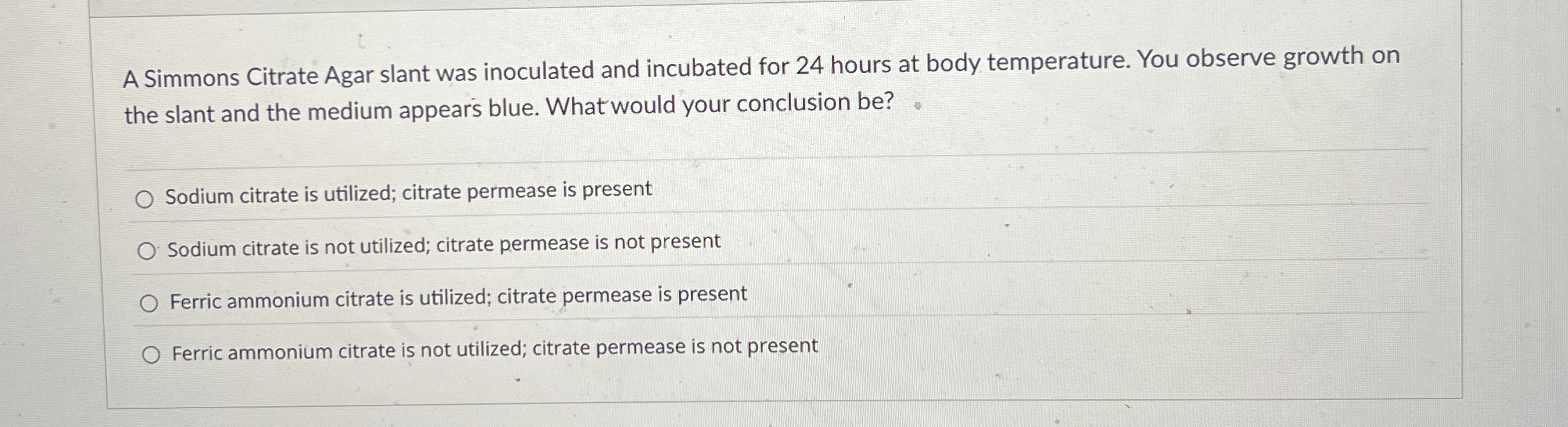 Solved A Simmons Citrate Agar slant was inoculated and | Chegg.com