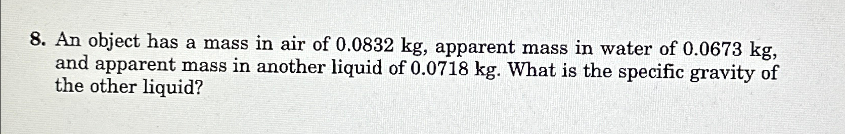 Solved An object has a mass in air of 0.0832kg, ﻿apparent | Chegg.com