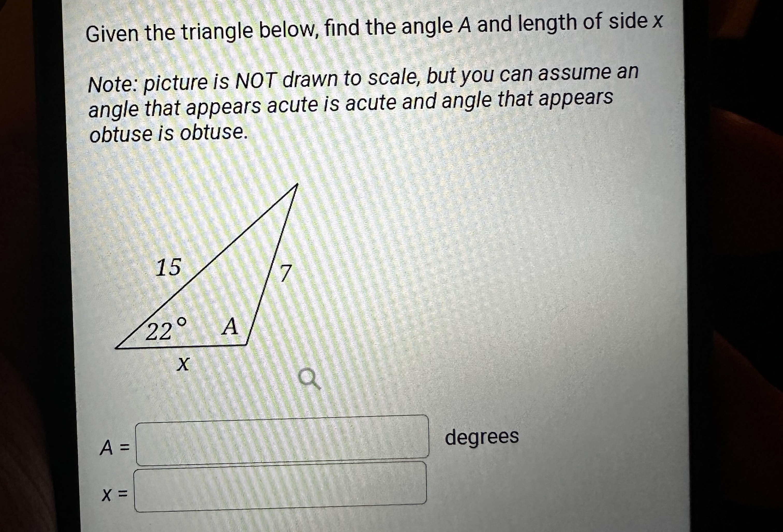 Solved Given the triangle below, find the angle A and length | Chegg.com