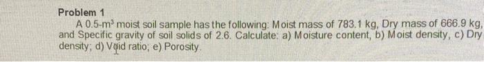 Solved Problem 1 A 0.5−m3 moist soil sample has the | Chegg.com