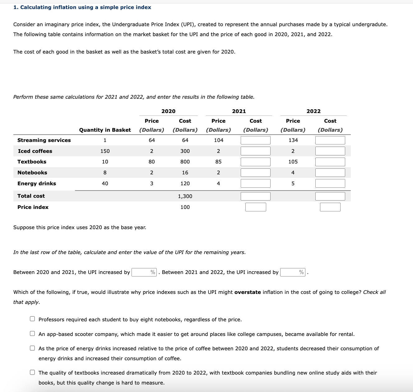 Solved Calculating inflation using a simple price | Chegg.com