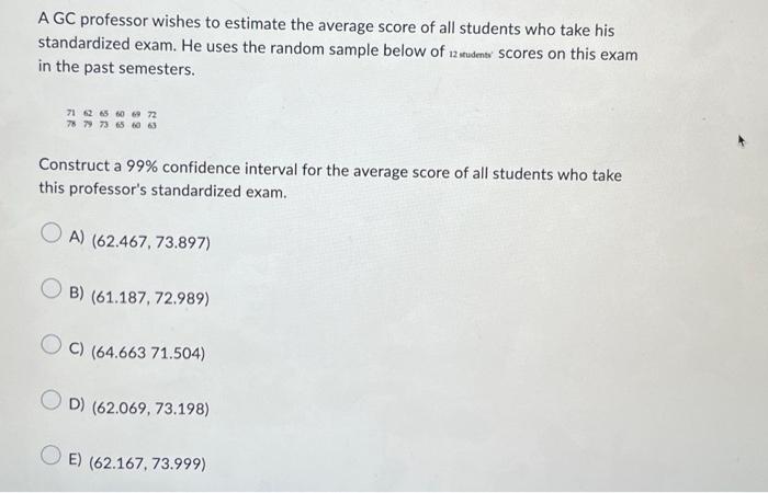 Solved A GC professor wishes to estimate the average score | Chegg.com