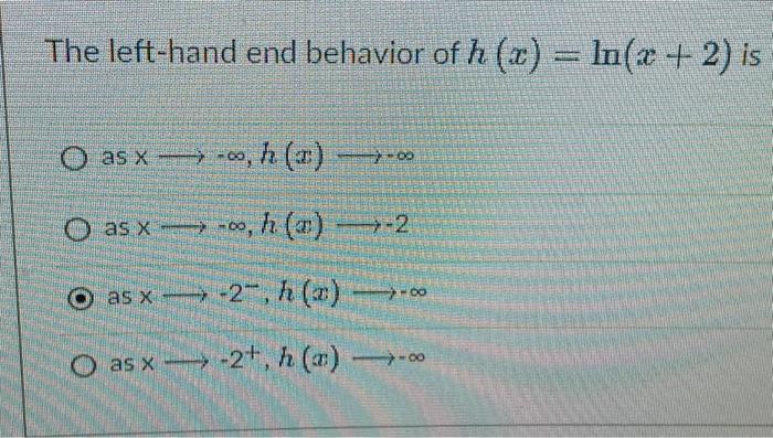 Solved The left-hand end behavior of h(x)=ln(x+2) is as | Chegg.com