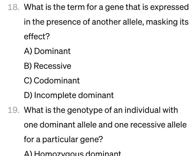 Solved What is the term for a gene that is expressed in the | Chegg.com