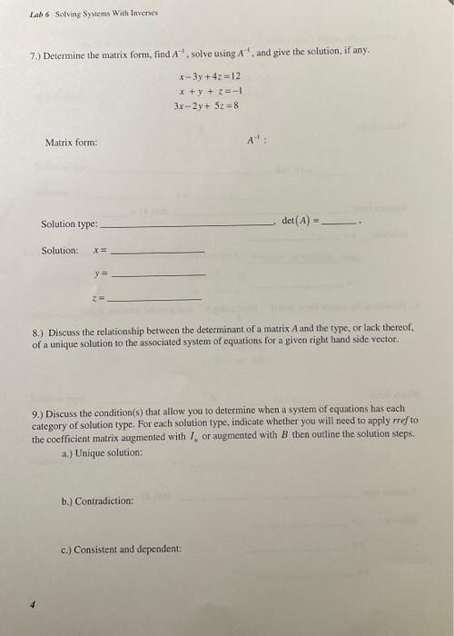 Solved Lab 6 Solving Systemis With Invenes 7.) Determine the | Chegg.com