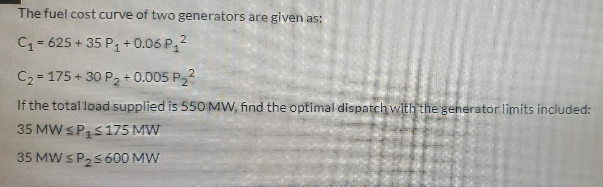 Solved The fuel cost curve of two generators are given as: | Chegg.com