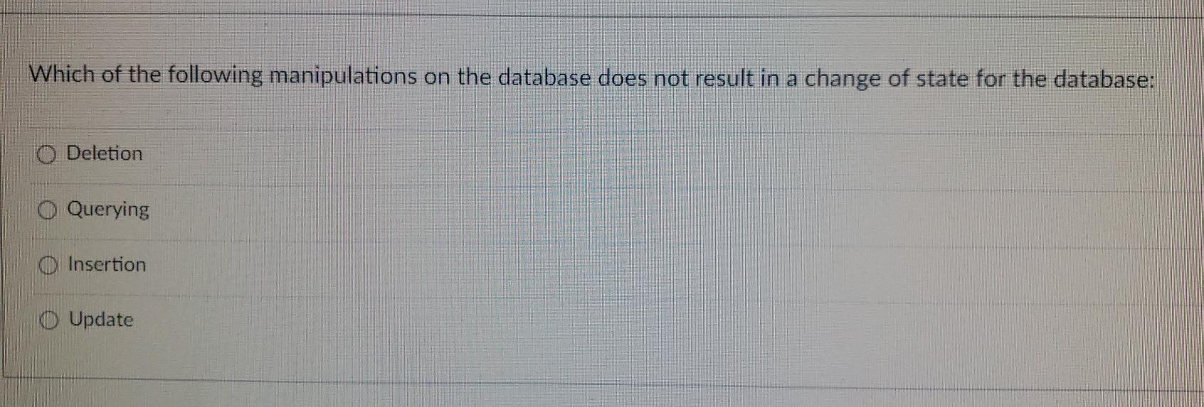 Solved Which of the following manipulations on the database | Chegg.com