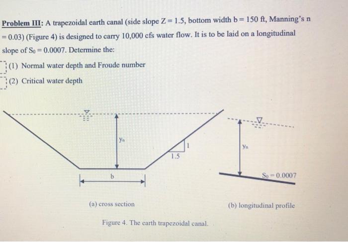 Solved Problem III: A trapezoidal earth canal (side slope | Chegg.com