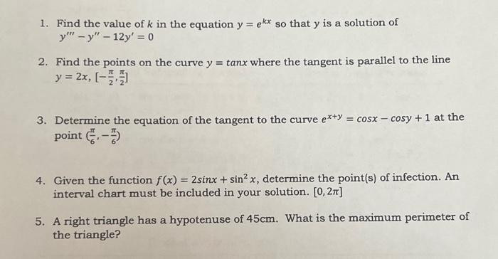 Solved 1. Find the value of k in the equation y=ekx so that | Chegg.com