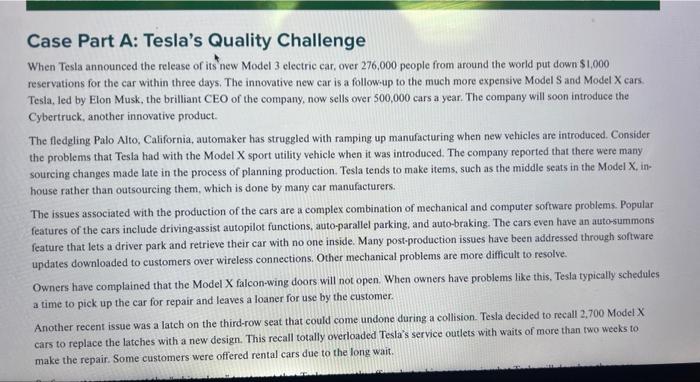 Solved Case Part A: Tesla's Quality Challenge When Tesla | Chegg.com