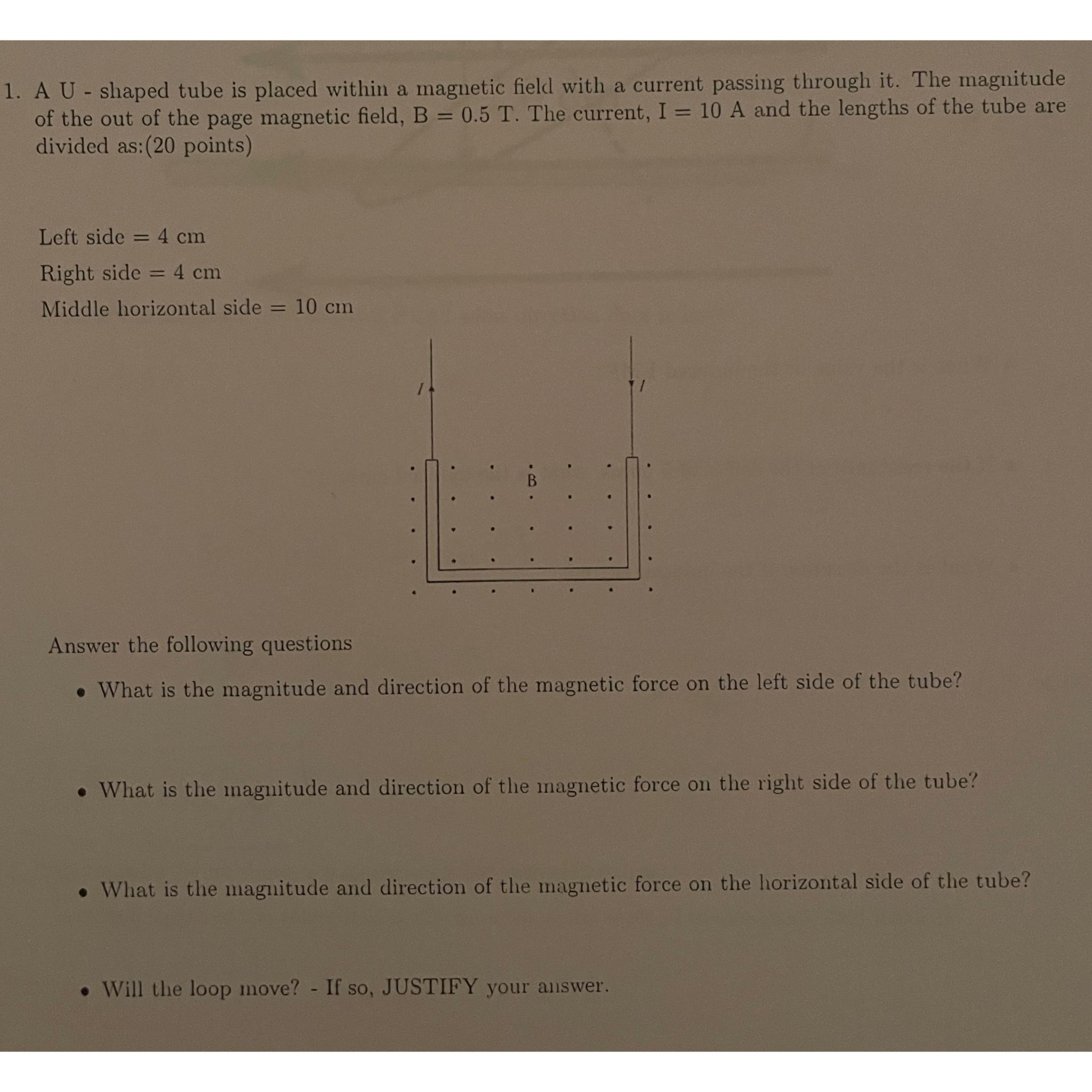 Solved A U - ﻿shaped tube is placed within a magnetic field | Chegg.com