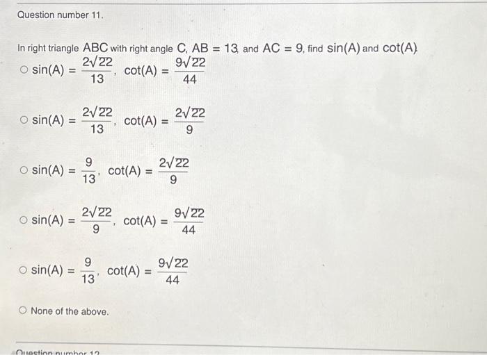 Solved Question number 11. In right triangle ABC with right | Chegg.com
