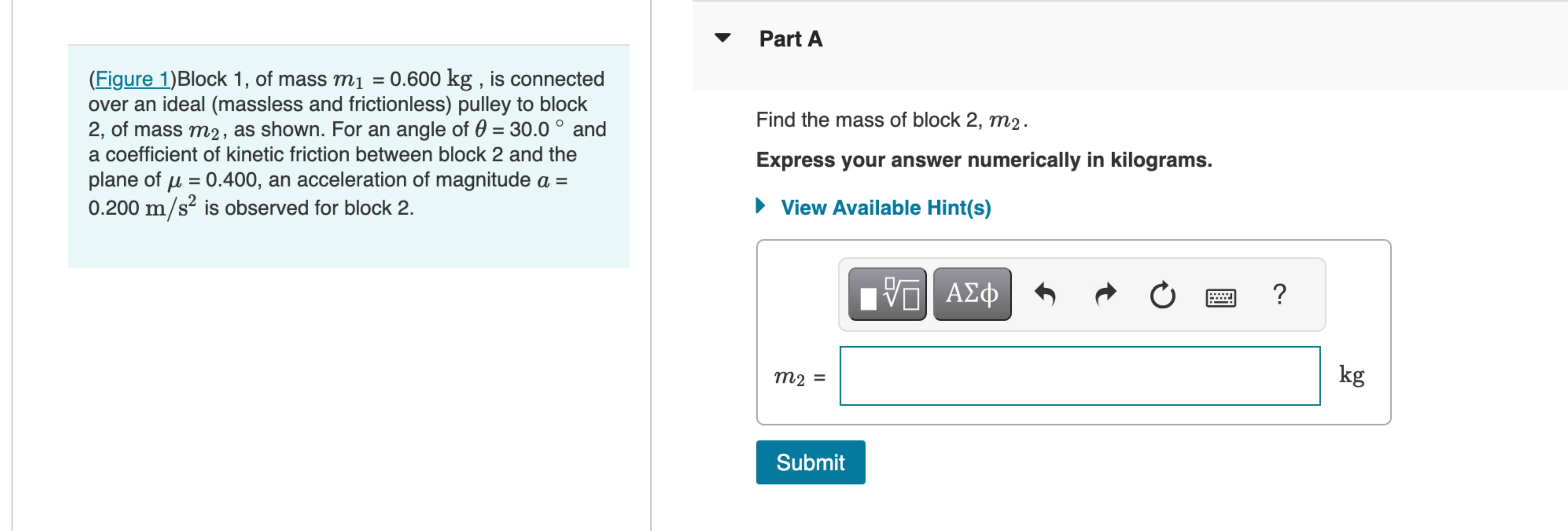 Solved Part A(Figure 1)Block 1, ﻿of mass m1=0.600kg, ﻿is | Chegg.com