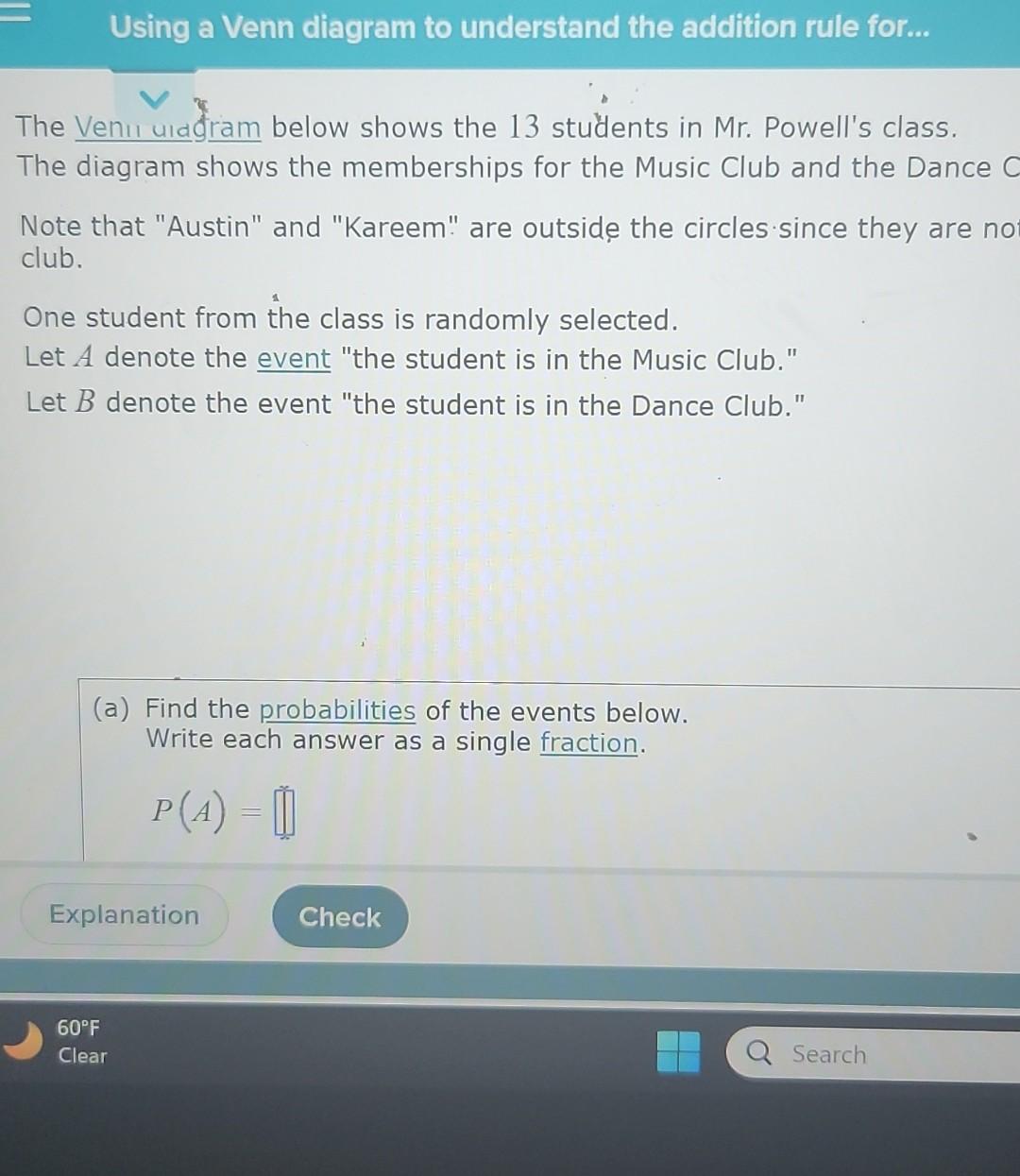 Using a Venn diagram to understand the addition rule | Chegg.com
