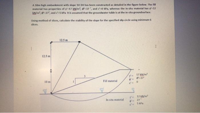 Solved A 10m high embankment with slope 1V:3H has been | Chegg.com