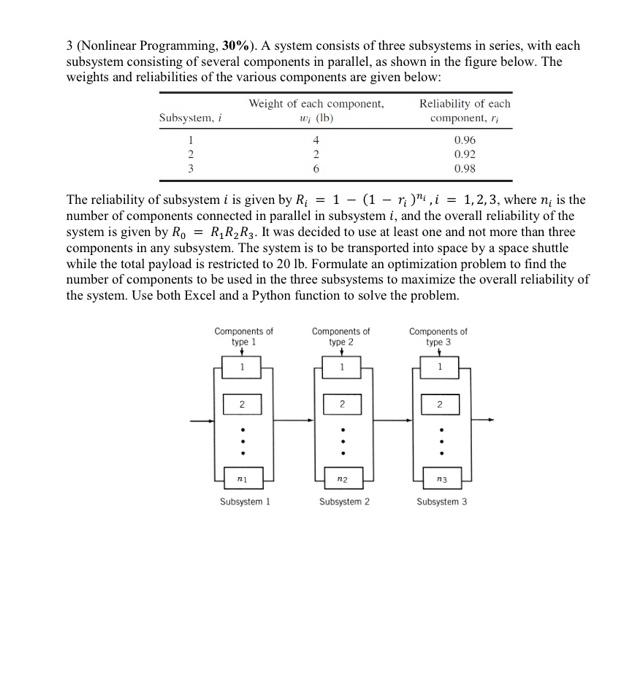 Solved 3 (Nonlinear Programming, 30\%). A system consists of | Chegg.com
