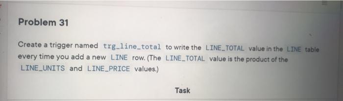 Solved Problem 31 Create a trigger named trg_line_total to | Chegg.com