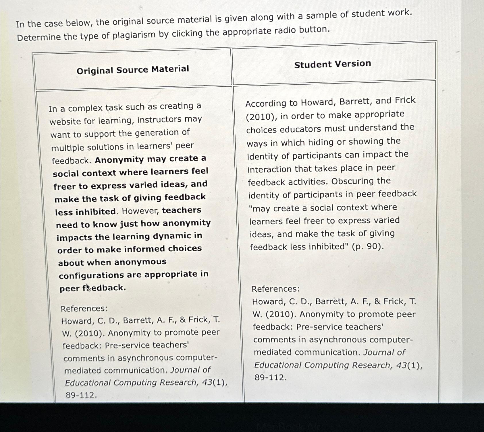 Solved In the case below, the original source material is | Chegg.com
