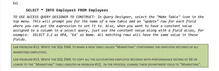 Solved SELECT * INTO Employee3 FROM Employees TO USE ACCESS | Chegg.com