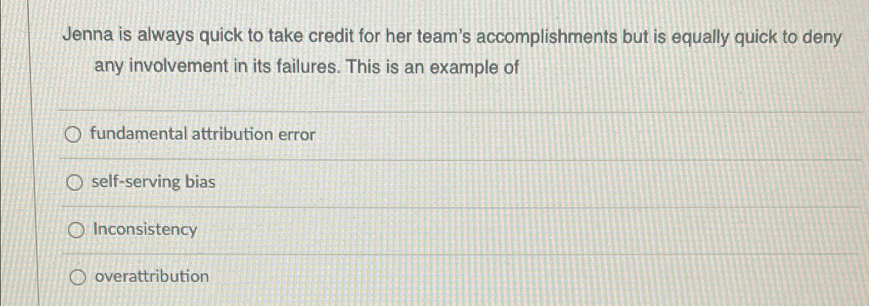 Solved Jenna is always quick to take credit for her team's | Chegg.com