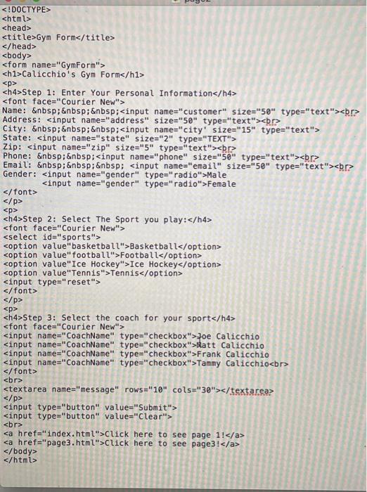 Solved 〈DOCTYPE> Gym form > h1>Calicchio's | Chegg.com
