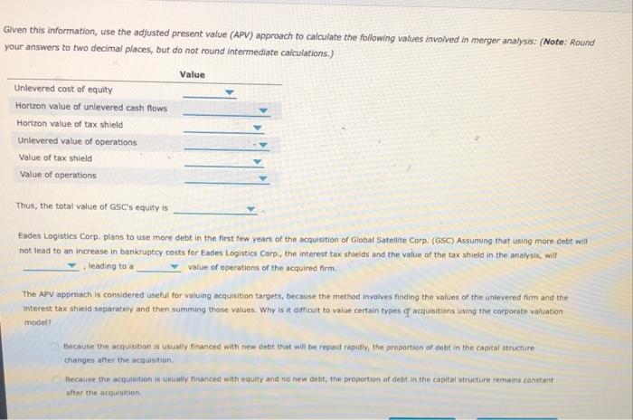 5. Merger analysis - Adjusted present value (APV) | Chegg.com