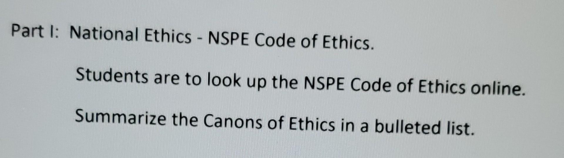 Solved Part I: National Ethics - NSPE Code of Ethics. | Chegg.com