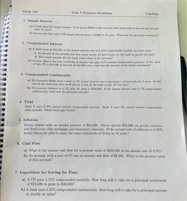 Solved Math 103 Unit 7 Practice Problems Vakilian 1. Simple | Chegg.com