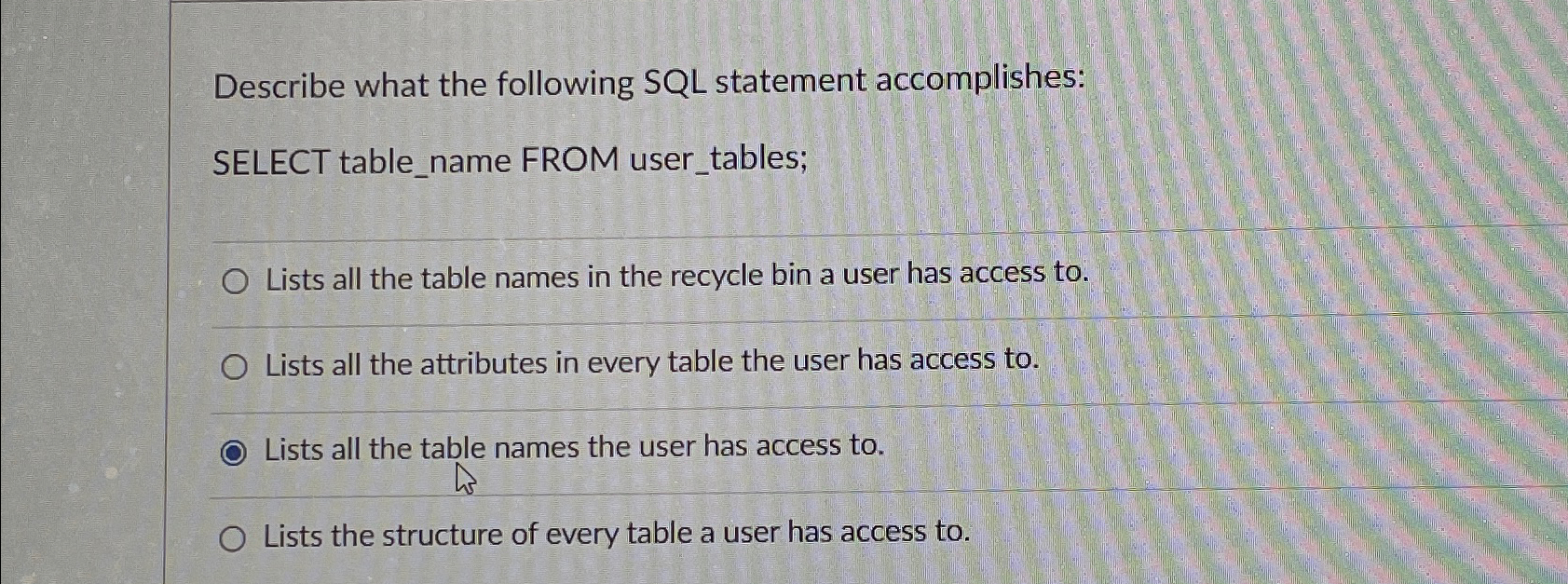Solved Describe what the following SQL statement | Chegg.com