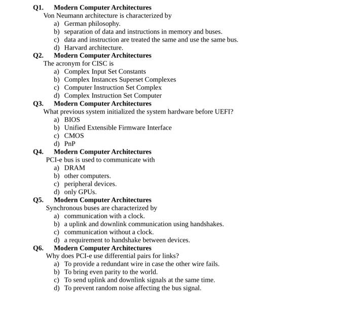 Solved Q1. Modern Computer Architectures Von Neumann | Chegg.com