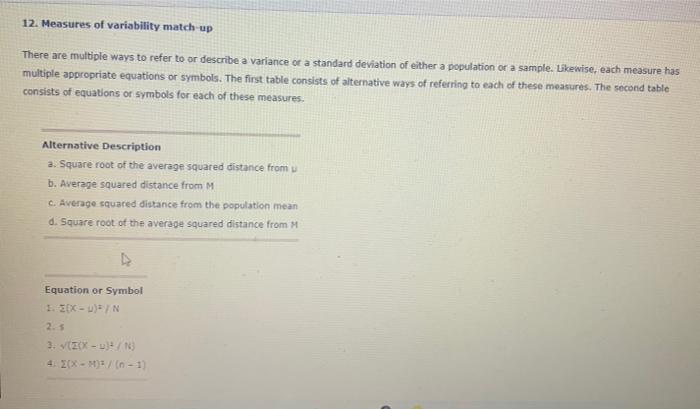 Solved 12. Measures of variability match-up There are | Chegg.com
