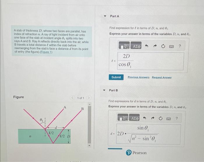 Solved Find expression for ℓ in terms of D,n, and θ1. A slab | Chegg.com