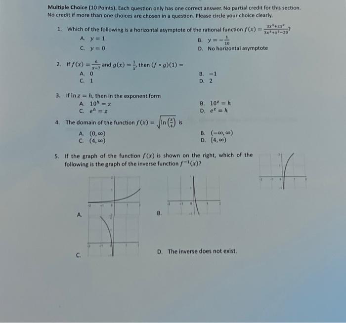 Solved Multiple Choice (10 Points). Each question only has | Chegg.com