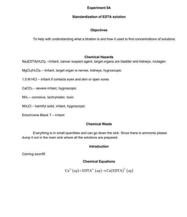 Experiment 5A Standardization of EDTA solution | Chegg.com