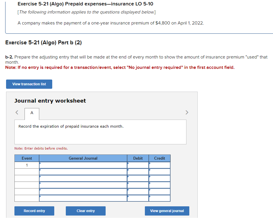 Solved Exercise 5-21 (Algo) ﻿Prepaid expenses-insurance LO | Chegg.com