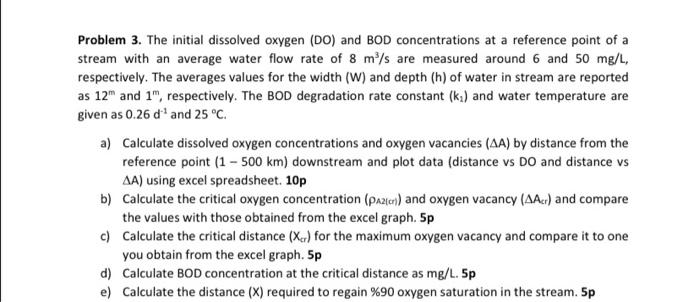 Solved Problem 3. The initial dissolved oxygen (DO) and BOD | Chegg.com