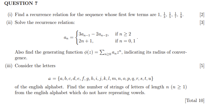 Solved QUESTION 7(i) ﻿Find a recurrence relation for the | Chegg.com