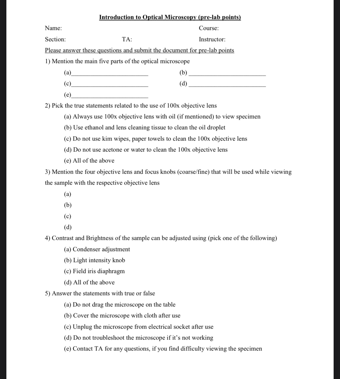 Solved Introduction to Optical Microscopy (pre-lab | Chegg.com