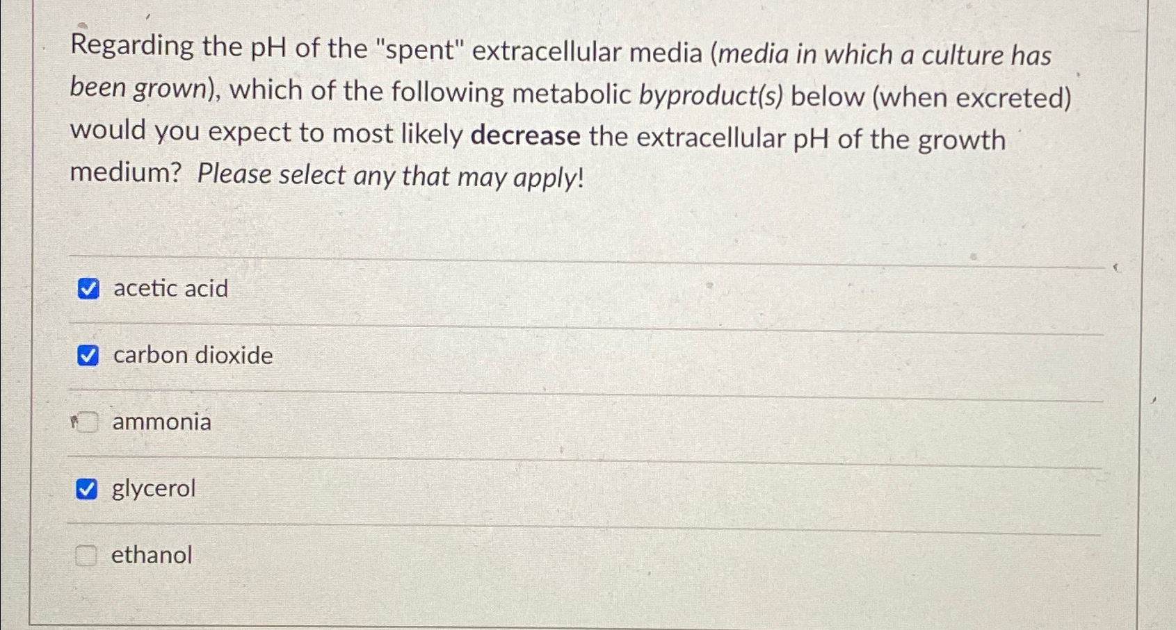 Solved Regarding the pH ﻿of the "spent" extracellular media | Chegg.com